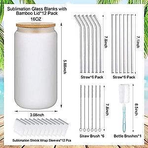 Tessco 12 Pack 16oz Sublimation Glass Blanks Frosted with Bamboo Lid Sublimation Beer Can Shaped Glass Wide Glass Cups Mugs Drinking Frosted Glass Tumbler with Straw, Sponge Brush, Straw Brush