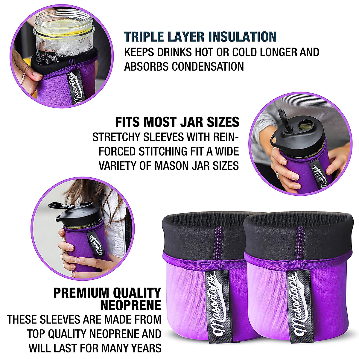Masontops Wide Mouth Mason Jar Neoprene Sleeves - Gray - Triple Insulated Cozy - 2 Sleeves Cover 16-24 oz & Quart Sizes
