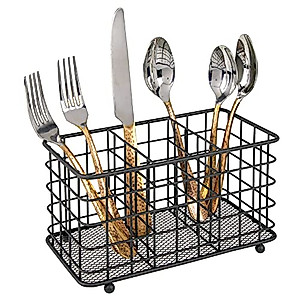 mDesign Farmhouse Modern Metal Wire Cutlery and Utensil Storage Organizer Bin for Kitchen, Pantry, Table and Countertop - Utensil Caddy Holds Forks, Knives, Spoons, Napkins - 3 Sections - Black