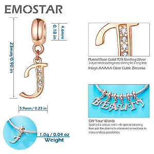 Letter J Charms Initial A-Z Alphabet Beads – Rose Gold 925 Sterling Silver Dangle CZ Birthstone fits Pandora Charm Bracelets, for Mothers Day Birthday Christmas Gifts