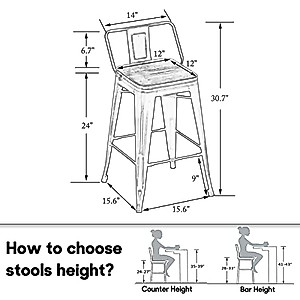24" Low Back Metal Counter Stool Height Bar Stools with Wooden Seat [Set of 4] for Home Kitchen Barstools