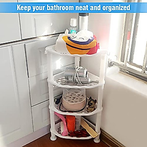 4-Tier Standing Corner Shower Caddy - 4 Shelf Plastic Bathroom Corner Stand with Drainage Holes & Hooks Plastic Shower Organizer Corner Standing Stand Up Bathtub Shower Shelf for Bathroom Living Room