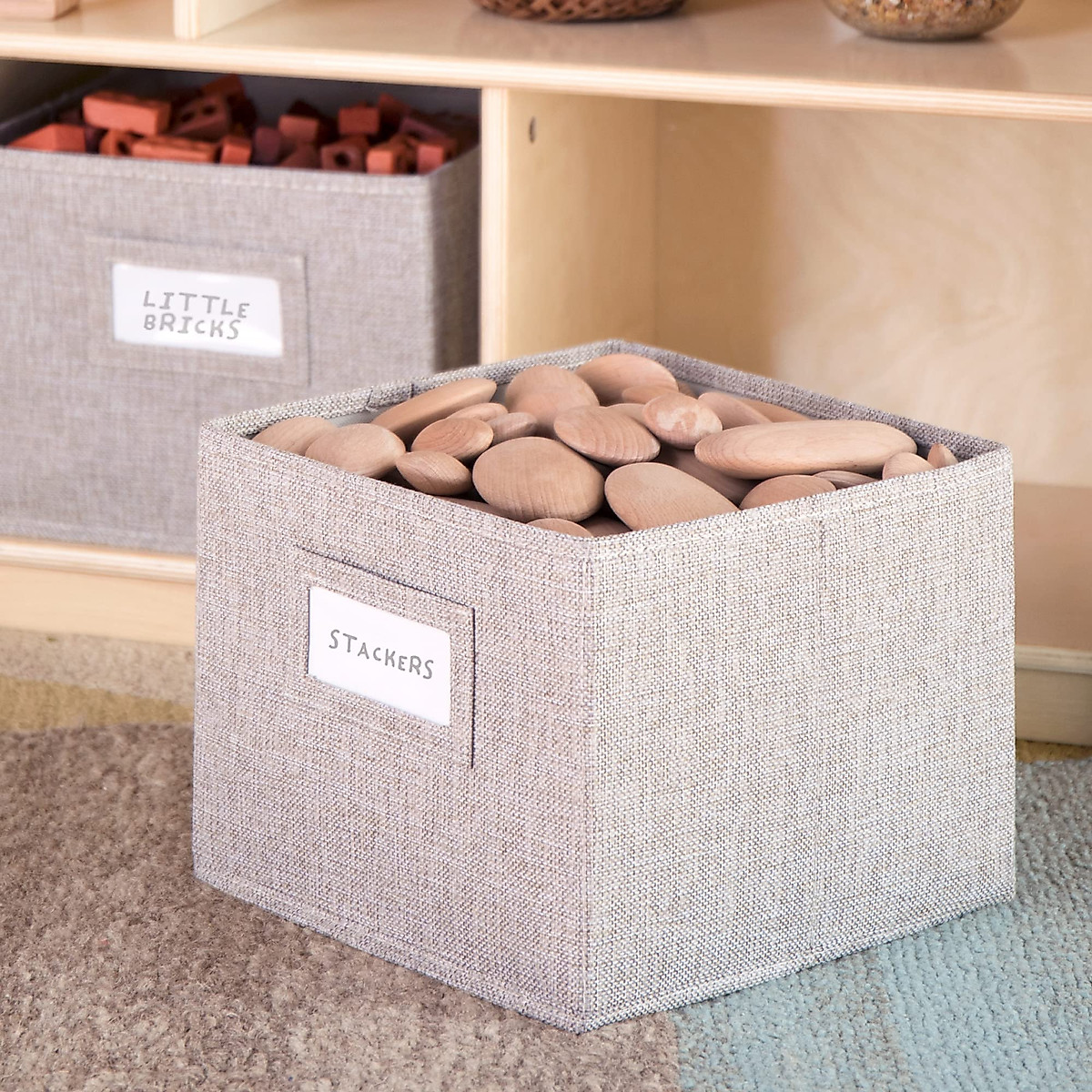 Guidecraft EdQ Three Shelf Compartment Storage Natural with 3 Fabric Bins: Wood Bookshelf and Toy Organizer for Kids, Storage Unit for Homeschool and Classroom