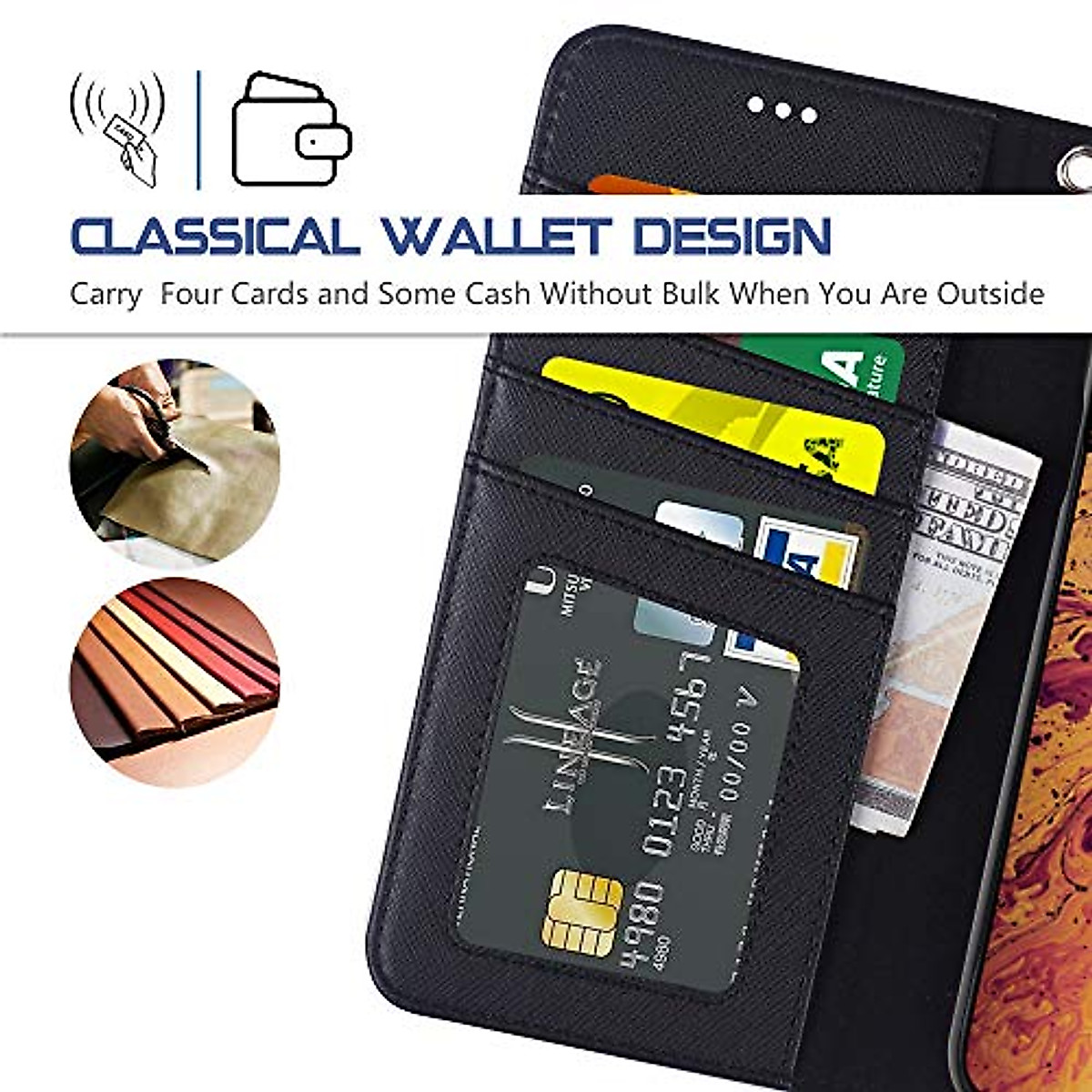 Arae Case for iPhone Xs Max PU Leather Wallet case Cover [Stand Feature] with Wrist Strap and [4-Slots] ID&Credit Cards Pocket for iPhone Xs Max 6.5 inch - Black