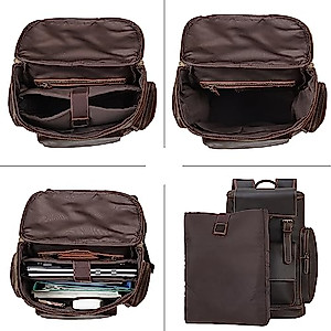 Masa Kawa Leather Backpack for Men 15.6 Inch Laptop Computer Bag Large Vintage Hiking Daypack Business Travel Rucksack, Brown