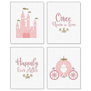 Big Dot of Happiness Little Princess Crown - Unframed Pink and Gold Castle Nursery and Kids Room Linen Paper Wall Art - Set of 4 - Artisms - 8 x 10 inches