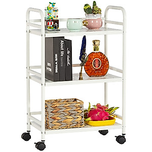 DCLRN 3 Tier Rolling Cart,Storage Organizer Cart,Multifunctional Storage Shelves,Rolling Metal Organization Cart with Handle and Lockable Wheels,for Home,Office,Kitchen,Bathroom(White)
