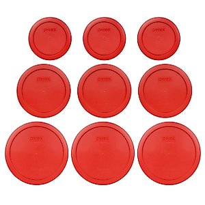 Pyrex Poppy Red (3) 7200-PC, (3) 7201-PC, & (3) 7402-PC Round Plastic Food Storage Replacement Lids, Made in USA