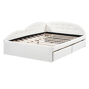 Full Size Upholstered Daybed with 2 Drawers and Cloud Shaped Guardrail, PU Upholstered Tufted Platform Bed with Wooden Slat Support for Bedroom Living Room, Easy Assembly (White + Upholstered-V23)