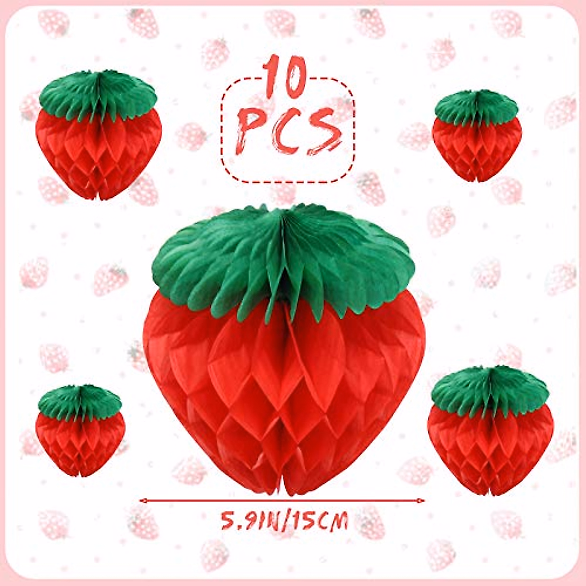 Skylety 10 Pieces 6 Inch Paper Strawberry Honeycomb Ball Tissue Paper Strawberry Ball for Strawberry Birthday Party Decoration (Red)