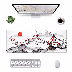 Watercolor Cherry Blossom Mouse Pad 31.5x11.8 Inch Pink Full Desk Japanese Sakura Mousepad Extended Large Non-Slip Rubber Base Waterproof Big Keyboard Mat with Stitched Edges for Gaming and Office