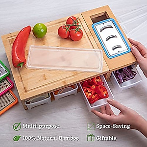Bamboo Cutting Board With Containers - Meal Prep Station With Removable Top, Kitchen Boards & Food Storage Tray With Lids, Home Prepdeck Marble & Veggie Shredder Wood Prepboard Deck Slide Drawer Bins