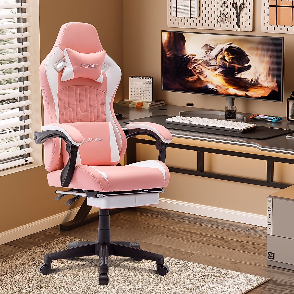 YAMOBO Gaming Chair with Footrest, Ergonomic Computer Gaming Chair with Massage Lumbar Support, High Back PC Gamer Chair for Adults with Linkage Armrests, Reclining Big and Tall Gaming Chair, Pink