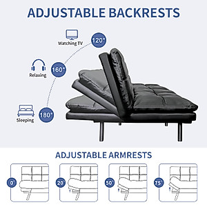 MUUEGM Futon Sofa Bed,Convertible Adjustable Backrest Armrests Memory Foam Couch Bed, Modern Faux Leather Futon Sleeper Couch Loveseat for Living Room,office,Apartment,Small Space,Matte Black