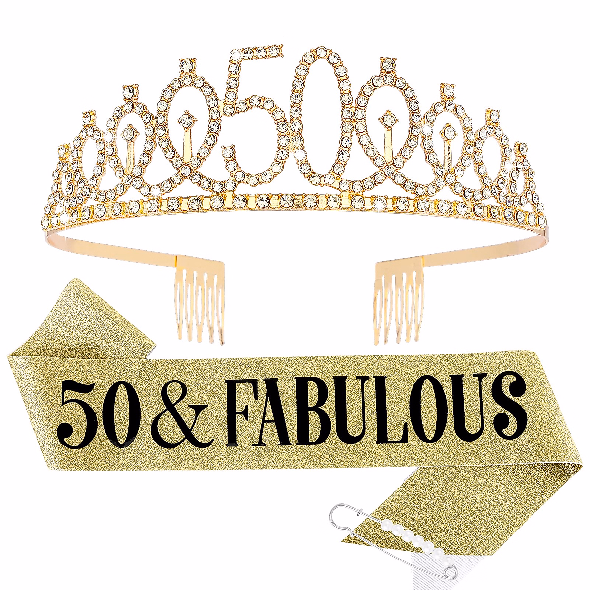 50th Birthday Celebration Set - Gold Pearl Pin, Crown, and Sash - Fabulous Party Favors for Women