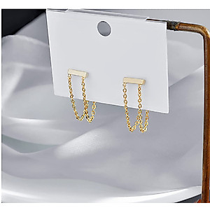 Reffeer Solid 925 Sterling Silver Bar Tassel Chain Drop Earrings for Women Bar Drop Earrings Studs Minimalist (B-18K Gold)