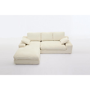 Nolohoo L Shape Sectional Sofa Cloud Couch with Comfy Chaise, Upholstered Deep Seat Corduroy Couch for Living Room, 2 Piece Modular Sectional Floor Sofa, No Assembly Required, Cream White