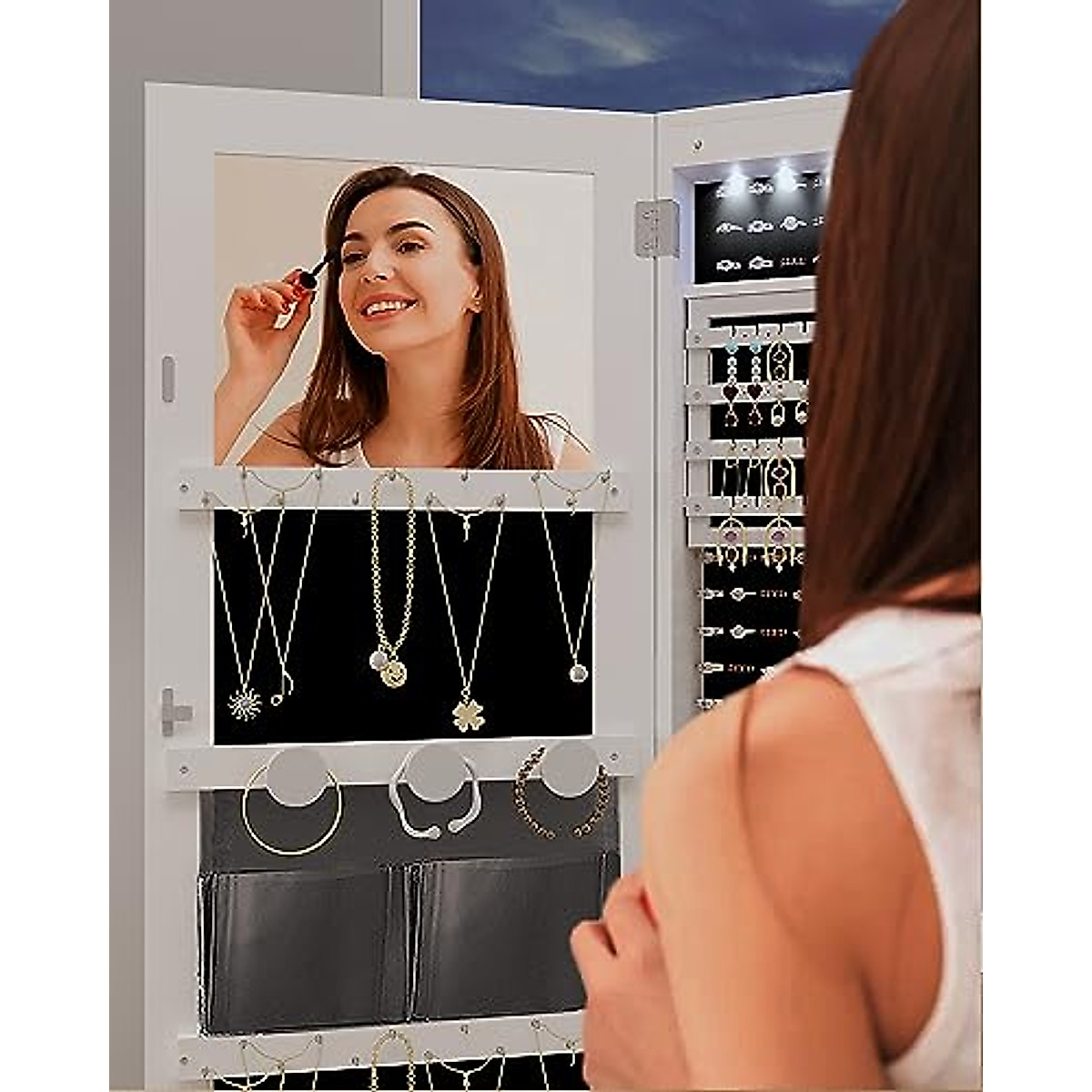 Hzuaneri 8 LEDs Jewelry Cabinet Armoire, 64.8-inch Jewelry Organizer with 1 Garment Rack, Lockable Full-length Mirror with 4 Wheels, Storage Shelves with Hooks, 5-in-1 Multifunctional, White JC17003B
