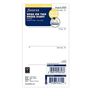 Filofax Personal week on two pages mid year diary August 23 - July 24