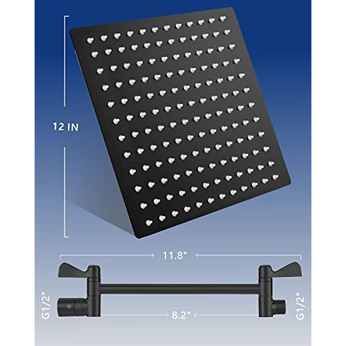 12'' Rain Shower Head with 11'' Adjustable Extension Arm - Eolax Large Rainfall Showerhead Solve Low Water Pressure and Flow - Bathroom Square Shower Heads Made of 304 Stainless Steel - Black