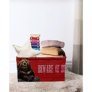 Animal Bear Retro Red Farm Wood Grain White White Slogan Cube Storage Organizer Bins with Handles,15x11x9.5 Inch Collapsible Canvas Cloth Fabric Storage Basket,Books Toys Bin Boxes for Shelves,Closet