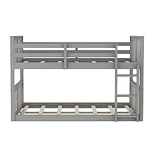 Harper & Bright Designs Full Over Full Low Bunk Bed with Headboard and Footboard, Wooden Bunk Bed with Ladder, for Toddlers Kids Boys Girls - Gray