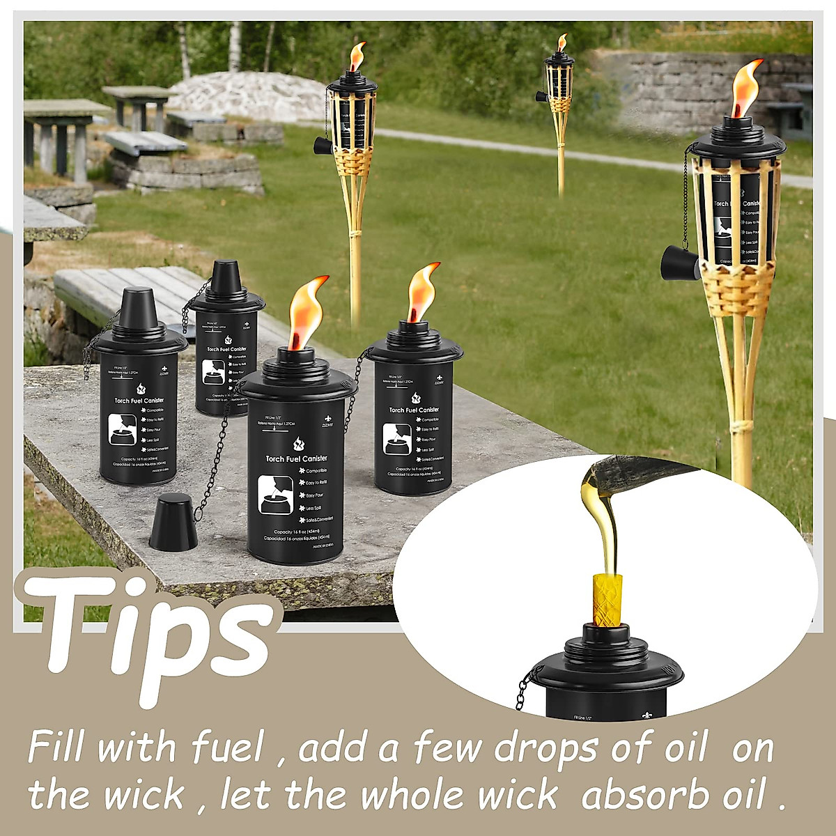 ZSZMFH 16oz Torch Canisters, 6 Pack Bamboo Torch Refillable Replacement Canister, Outdoor Citronella Fuel Torch Canister with Wicks and Covers,for Luau Party, DIY Garden Decor.