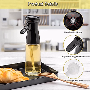 Olive Oil Sprayer for Cooking - 200ml Glass Oil Dispenser Bottle Spray Mister - Refillable Food Grade Oil Vinegar Spritzer Sprayer Bottles for Kitchen, Air Fryer, Salad, Baking, Grilling, Frying (Black)