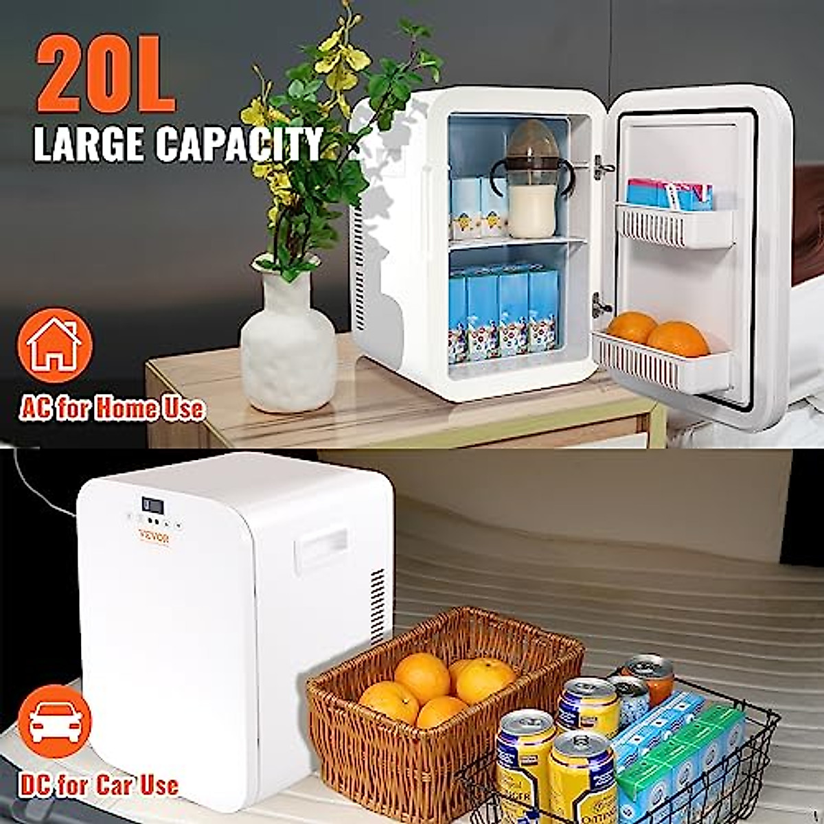 VEVOR Mini Fridge, 20L Skincare Fridges with Temper Control Touch Screen, Portable Small Beverage Refrigerator for Bedroom Office Car Dorm, AC/DC Cool Warmer for Cosmetic Drink Milk, White