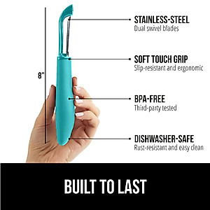 Gorilla Grip Hand Held Can Opener and Vegetable Peeler, Large Lid Openers Rust Proof, Kitchen Food Peelers Safe Blade Guard, Both in Turquoise, 2 Item Bundle