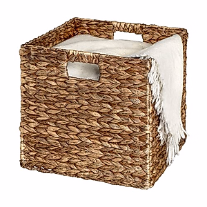 IsVie Woven Hyacinth Storage Baskets 3 Pack, Rectangle Storage Container Organizer Baskets with Built-in Handles Home Organizing Laundry Organizer Cube Baskets (Brown, Set of 3)