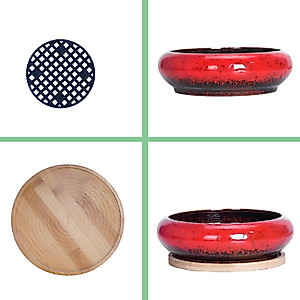 ARTKETTY 7.3/10 Inch Succulent Pots with Drainage Trays Large Succulent Planter with Stand Round Bonsai Pots Ceramic Flower Planter Pot for Indoor Cactus Plants