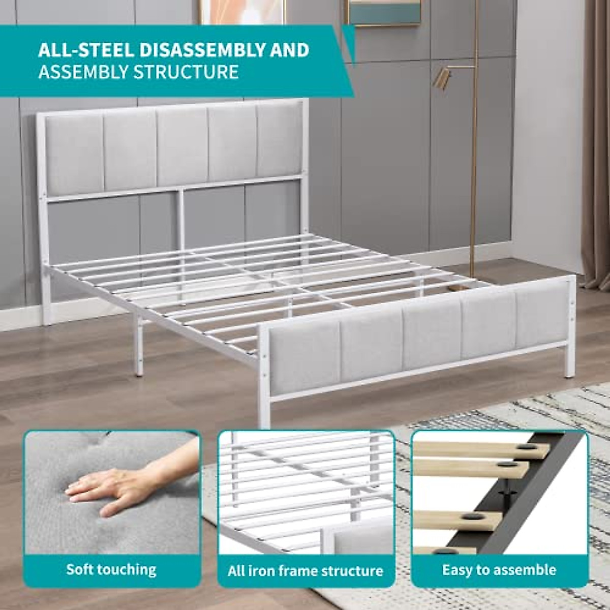 BALUS California King Size Bed Frame, Linen Upholstered Platform Bed Bedroom, Bed Frame with Channel Tufted Headboard, No Box Spring Needed - Light Grey