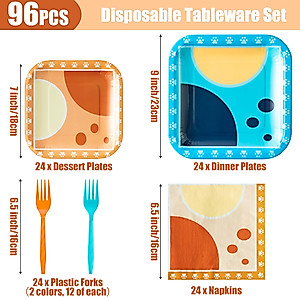 BOpusail 96Pcs Cartoon Blue and Orange Dot Party Tableware Set Disposable Dinnerware Paper Dessert Dinner Plates Napkins Plastic Forks Party Supplies for Kids Birthday Baby Shower Serves 24 Guests