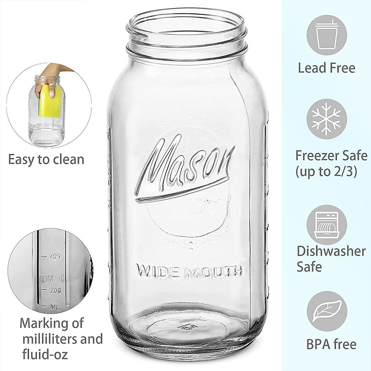 Yniken 3 Pack Large Mason Jars 64 oz Wide Mouth Half Gallon Mason Jars with Airtight Lid and Band, Durable Glass Food Storage Jars, Clear Glass Jars for Canning, Fermenting, Pickling, Storing
