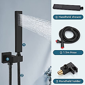 Midanya Matte Black Rain Shower System 10 Inch Square Rainfall Shower Head Wall Mount Shower Faucet Set with Hand Sprayer Rough-in Valve Trim Kit Bathroom Mixer Shower Combo Set