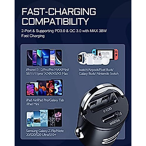 USB C Car Charger, Aergiatech 38W(20W+18W) PD&QC 3.0 Car Charger Adapter, Smallest Cigarette Lighter USB Car Charger, Compatible with iPhone 13/13 Pro Max/12/11, iPad Mini/Pro, Samsung and More
