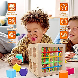 HELLOWOOD Montessori Toys for 1+ Year Old, Wooden Sorter Cube with 8pcs Rattling Shapes, Developmental Learning Toy Gifts for Baby Girls Boys 6-12-18 Months, Gift Packaging