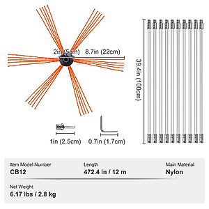 VEVOR 39 Feet Chimney Sweep Kit, w/ 12 Reinforced Nylon Flexible Rods, Ergonomic Chimney Cleaning Brush, 360-Degree Brush Chimney Cleaner, Rich Accessories for Fireplace Flue Home Use Fits Most Pipes