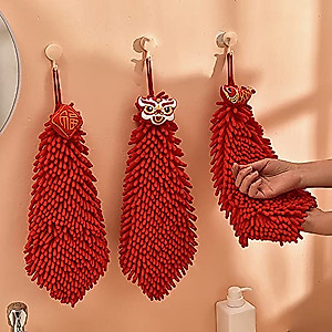 3 Pack Chenille Hanging Hand Towels Soft Absorbent Microfiber Hand Towels Plush Quick-Drying Cute Cartoon Chinese Red Hand Towel with Hanging Loops for Bathroom Kitchen(Lion+Koi+Blessing)
