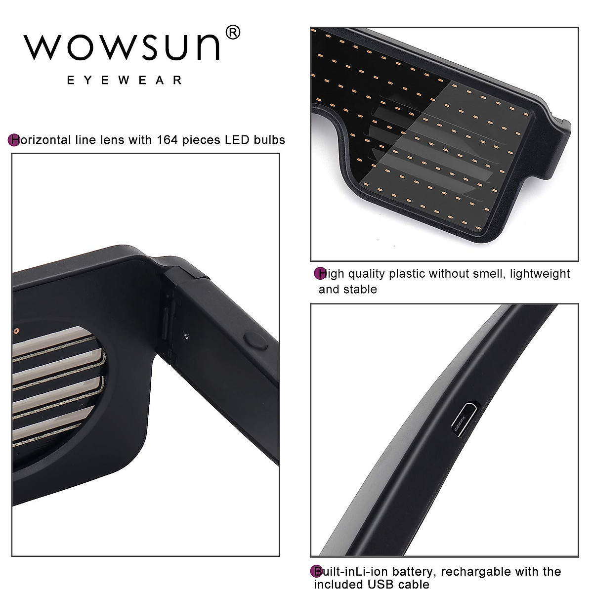 WOWSUN LED Glasses Light Up Dynamic Party Favor Glasses Festival Christmas USB Rechargeable LED Rave Glowing Flashing Glasses