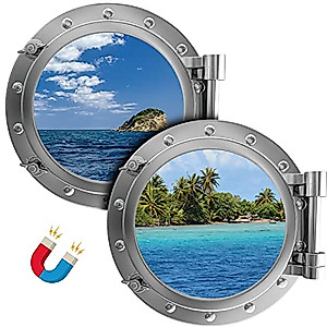 2 Pcs Cruise Door Decorations, Porthole Cruise Door Magnets 10 '' Set Palm Tree Cruise Dolphin Turtle The Sea Nature Scenery Fridge Decor for Carnival Cruise Car
