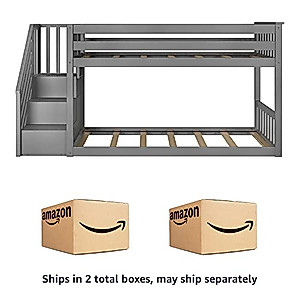 Max & Lily Low Bunk Bed, Twin-Over-Twin Bed Frame For Kids With Stairs, Grey