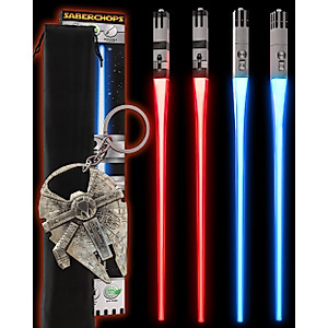 SaberChops Lightsaber Chopsticks Star Wars Gifts LED Light Up Reusable Light Saber Removable Handle Dishwasher Safe Red & Blue 2 PAIRS & FREE Millennium Falcon Keychain Bottle Opener,Red & Blue