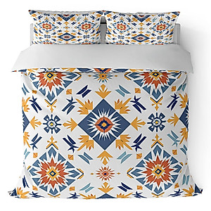 Placitiume Geometric Tribal Duvet Cover Set King Size, Aztec Pattern Bedding, Burnt Orange and White, 3Piece