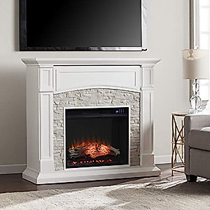 SEI Furniture Seneca Faux Stacked Stone Electric Fireplace with Hidden Media Shelf, New Crisp White