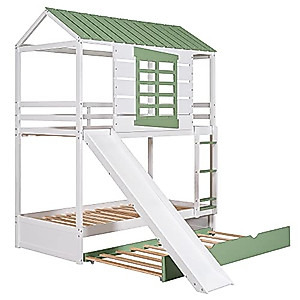 RORIGAT House Bunk Beds with Slide for Kids, Wood Twin Over Twin Bunk Beds with Trundle and Convertible Slide,Slide Playhouse Bed for Girls Boys, White+Green
