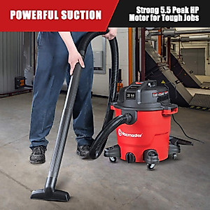 Vacmaster Red Edition VJH1211PF 1101 Heavy-Duty Wet Dry Vacuum Cleaner 12 Gallon 5.5 Peak HP 2-1/2 inch Hose