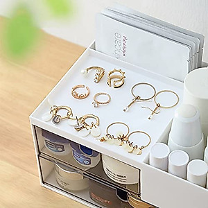 BiutiMama Desk Organizers and accessories with 2 Cosmetic Storage Drawers and 4 Compartments, Makeup Stationery Vanity Organizer, Desk Decor Aesthetic Multifunctional for Office, School, Home (White)