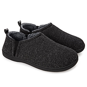 Snug Leaves Men's Fuzzy Wool Felt Memory Foam Slippers Warm Winter Faux Sherpa Indoor Outdoor House Shoes with Dual Side Elastic Gores (Size 11-12 M, Dark Gray)
